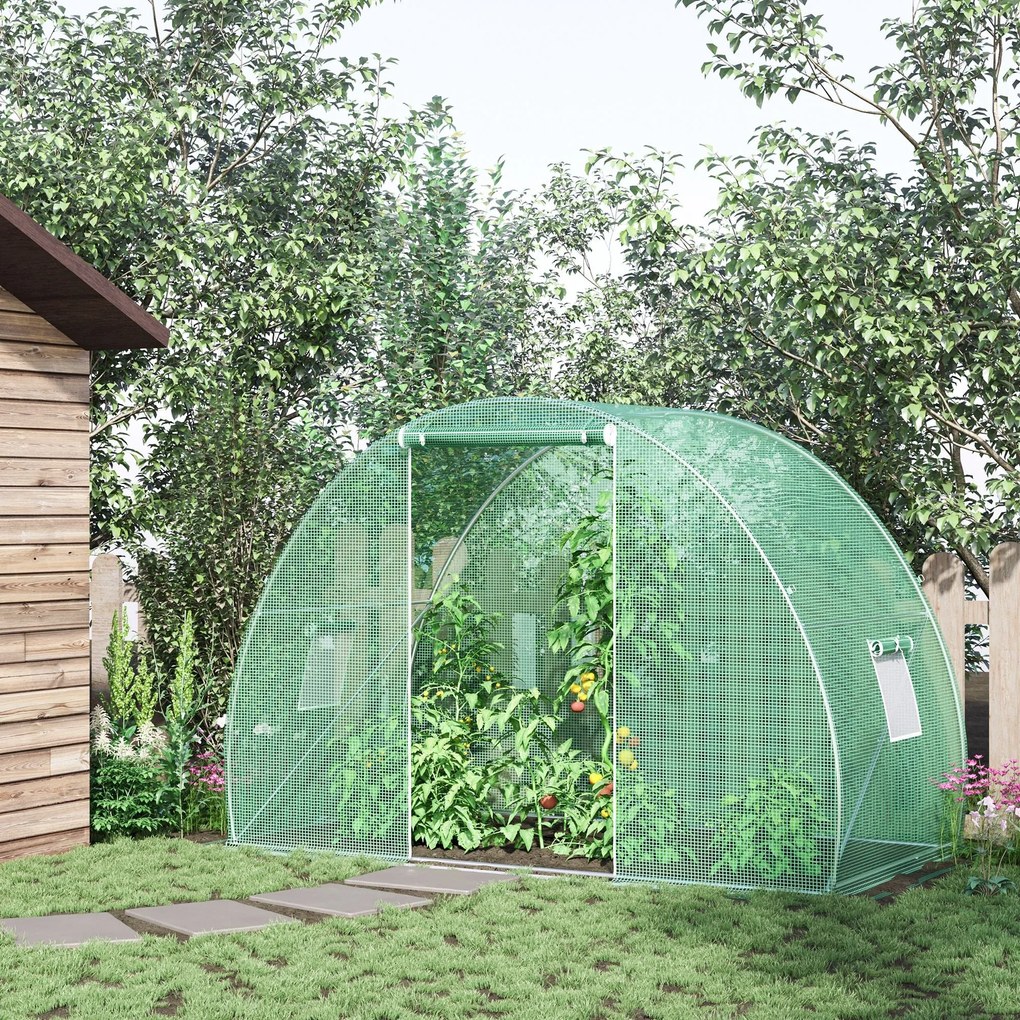 Zimní skleník Outsunny s tunelovým designem, plocha 4,5 m², rozměry 3L x 1,5W x 2H m, vyztužený rám, zipové dveře, 2 okna pro ventilaci, zelený