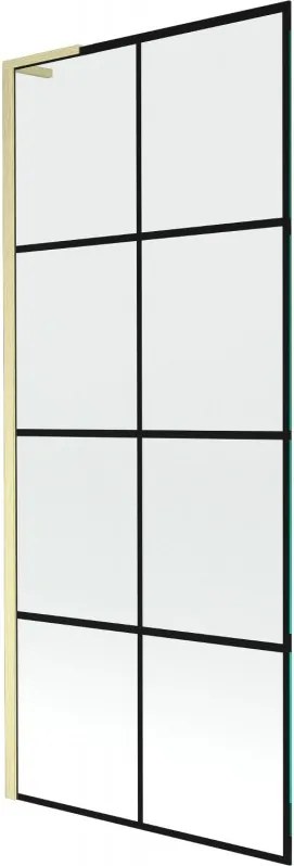 Mexen Next L, 1-křídlová vanová zástěna 80 x 150 cm, 6mm čiré sklo-černý vzor, zlatý matný profil, 895-080-000-03-77-55