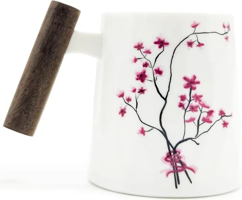 Porcelánový hrnek s dřevěnou rukojetí Sakura, 400 ml – bílý, s motivem sakury a vlnkovým reliéfem