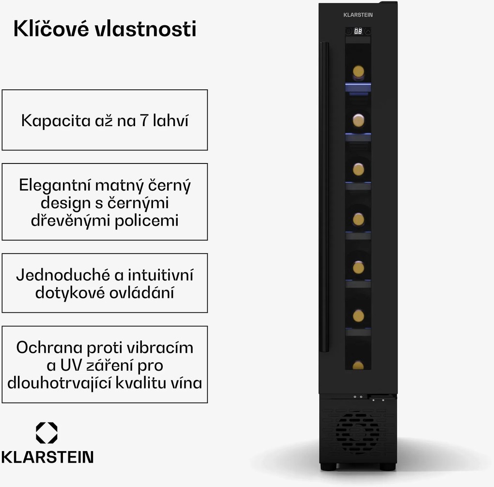 Klarstein Vinovilla 7 Uno vinotéka, 1 chladicí zóna, 7 lahví, dřevěné police, 5-18 °C
