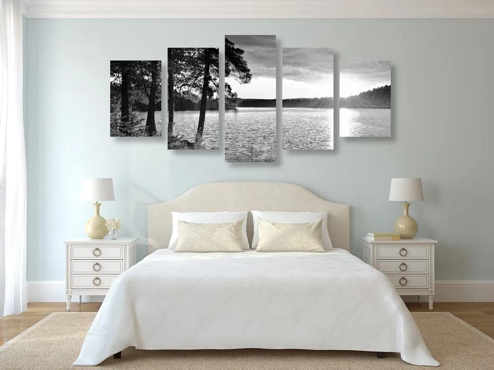 5-dílný obraz západ slunce nad jezerem v černobílém provedení Varianta: 100x50