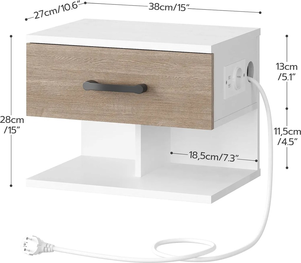 Závěsný noční stolek Verimi s nabíjecí stanicí 38 cm bílý/hnědý