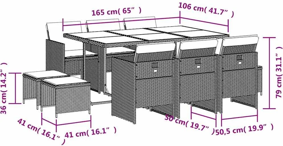11dílný zahradní jídelní set s poduškami šedý polyratan 3210614