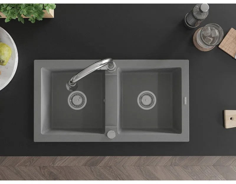 Mexen Mario, 2-komorový granitový dřez 820x436x161 mm a dřezová baterie Elia, šedá, 6504-71-670101-00