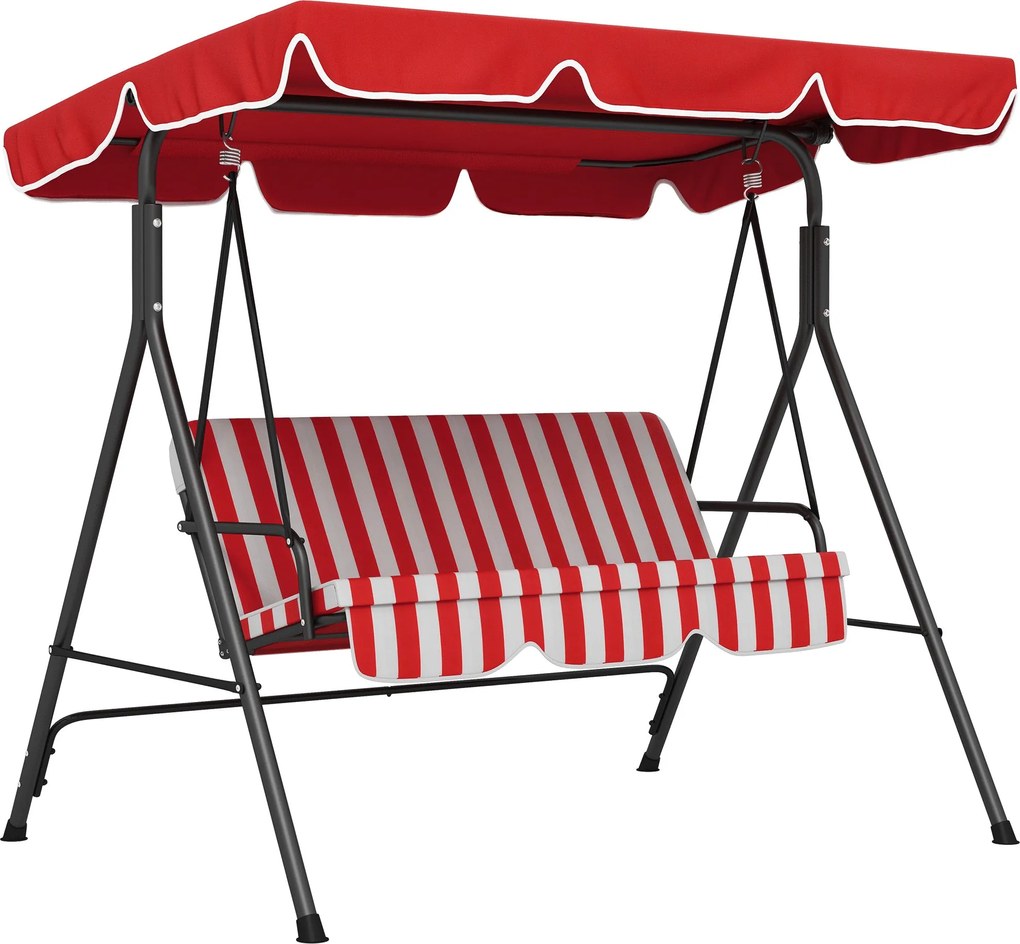 Zahradní houpačka Outsunny pro 3 osoby s nastavitelnou střechou, polštáři a opěradlem 1,72D x 1,1Š x 1,53V m Černá ocel Červený polyester | Aosom