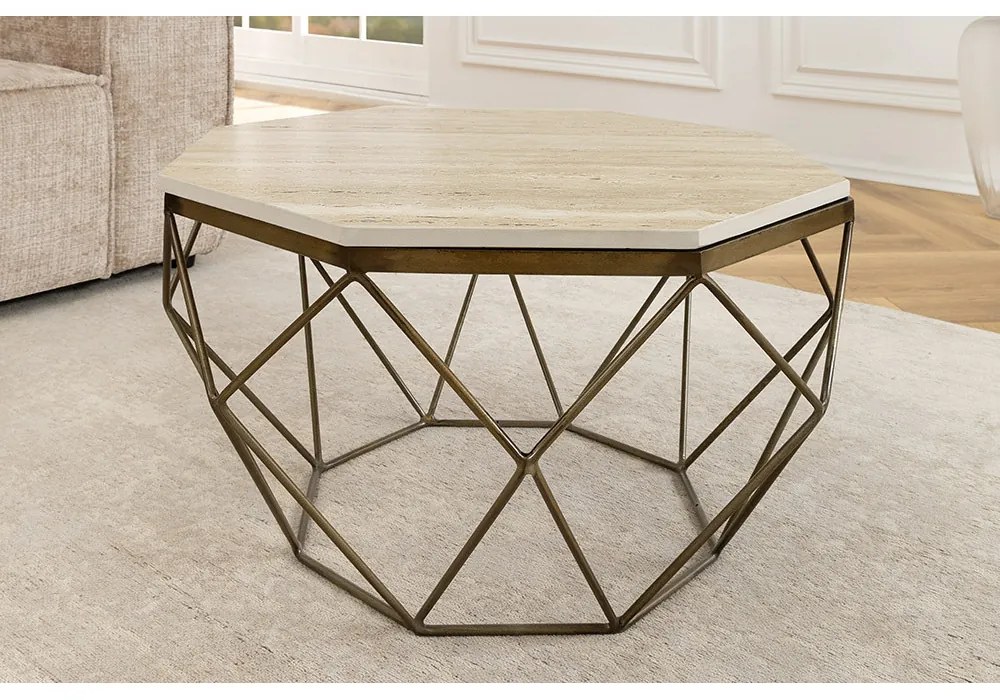 Massive home | Konferenční stolek DIAMOND 70 CM travertin zlatý podstavec