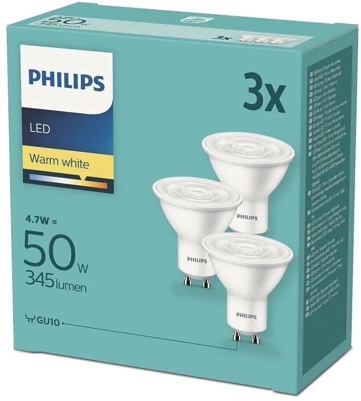 Led žárovka philips led 4.7-50w, gu10 2700k, 3ks