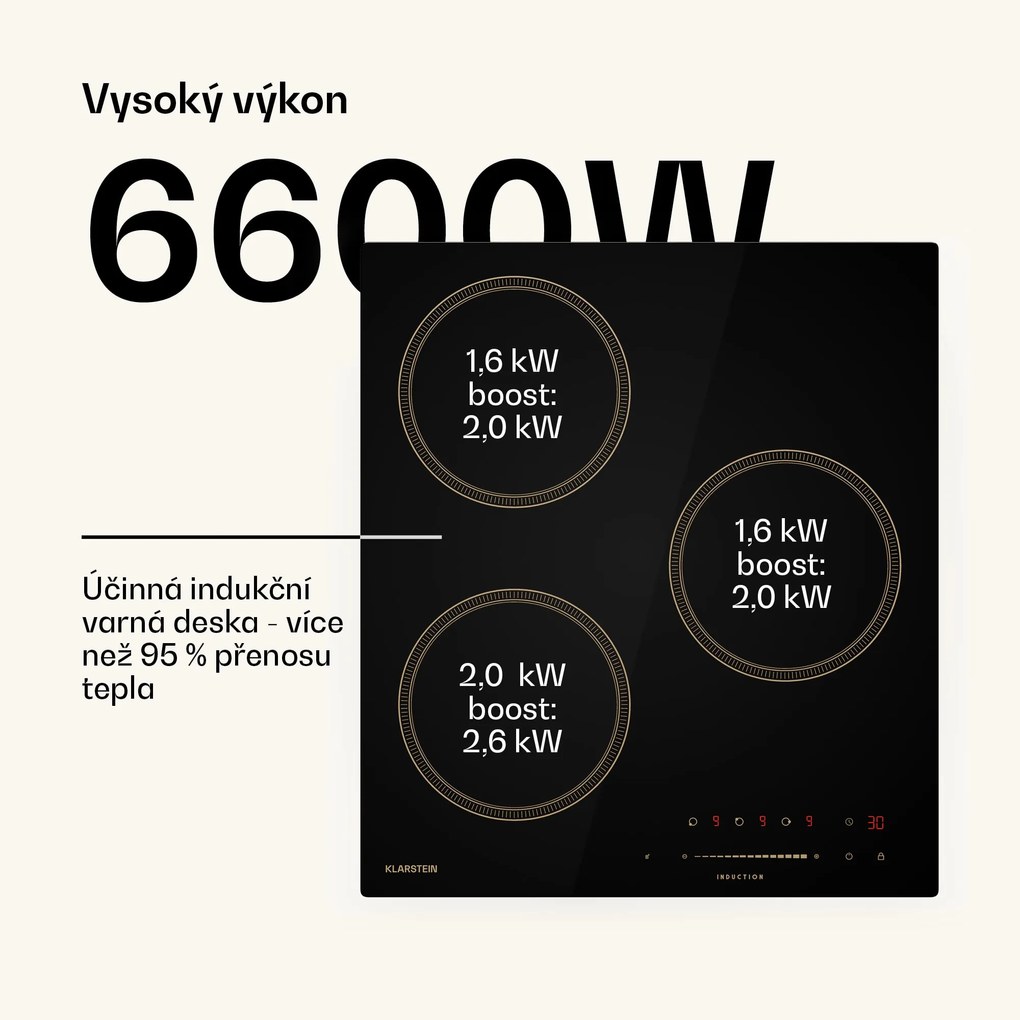 Klarstein Indukční varná deska Victoria, 45 cm, 6 600 W, 3 varné zóny, posuvné ovládání, boost