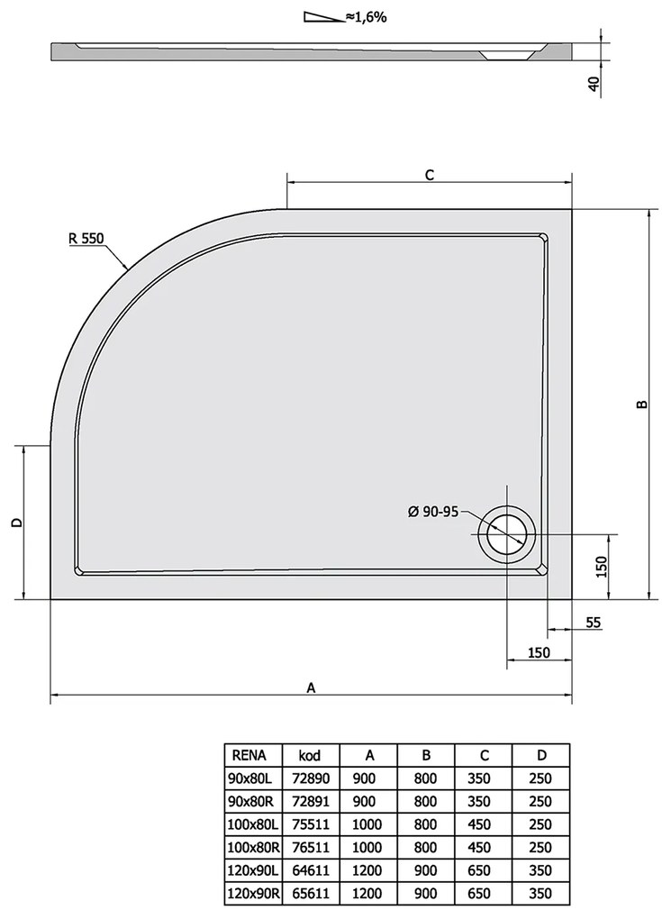 Polysan RENA L sprchová vanička z litého mramoru, čtvrtkruh 120x90cm, R550, levá, bílá, 64611