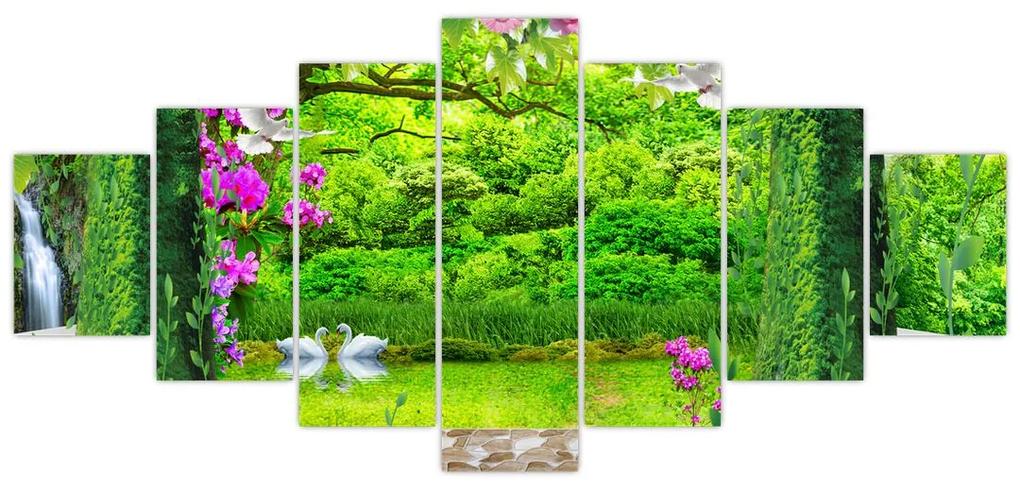 Obraz - Kouzelná zahrada s labutěmi (210x100 cm)