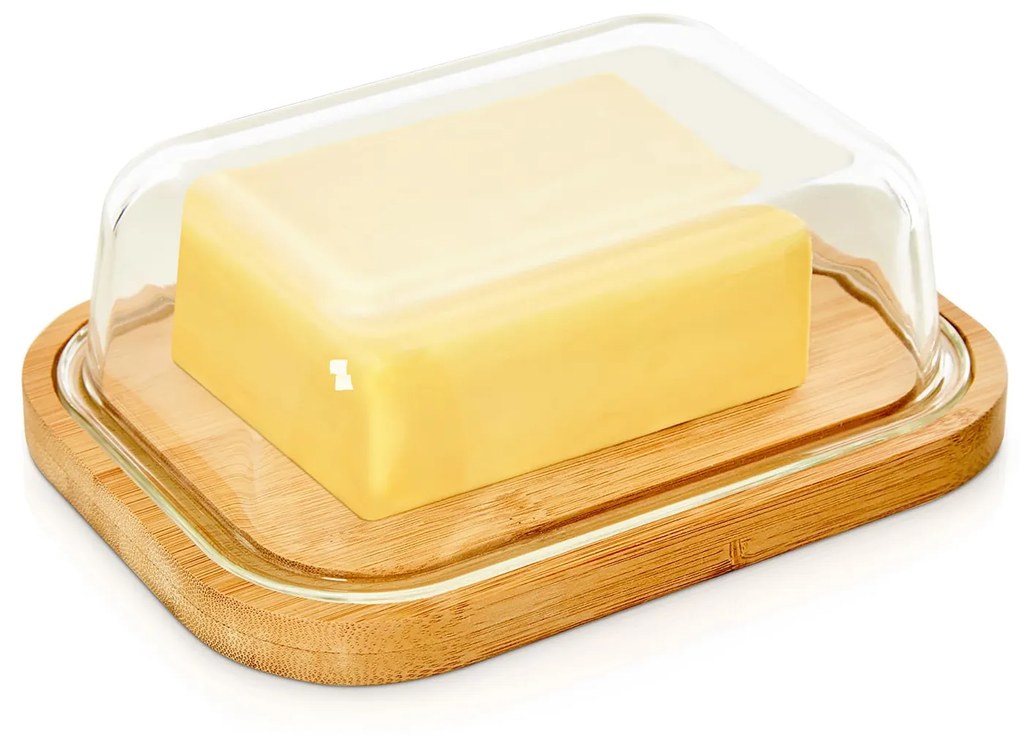 Skleněná dóza na máslo, bambusové dno, vzduchotěsná, neovlivňuje chuť, vhodná do myčky nádobí