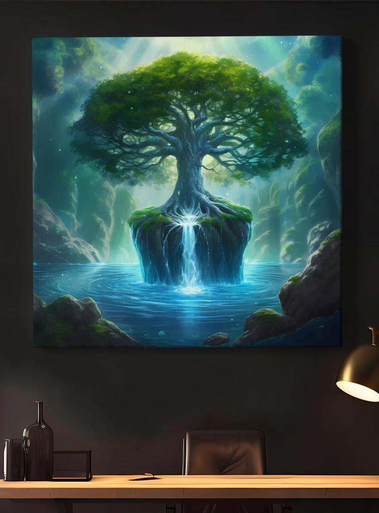 Obraz na plátně - Strom života s vodopádem FeelHappy.cz Velikost obrazu: 60 x 60 cm