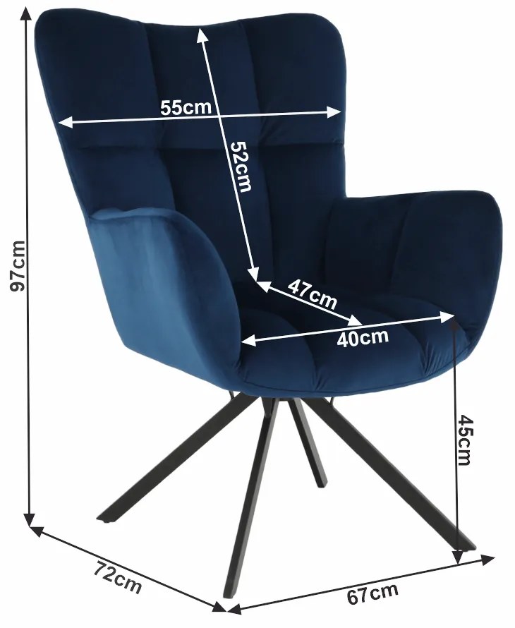 Designové otočné křeslo, modrá Velvet látka/černá, KOMODO