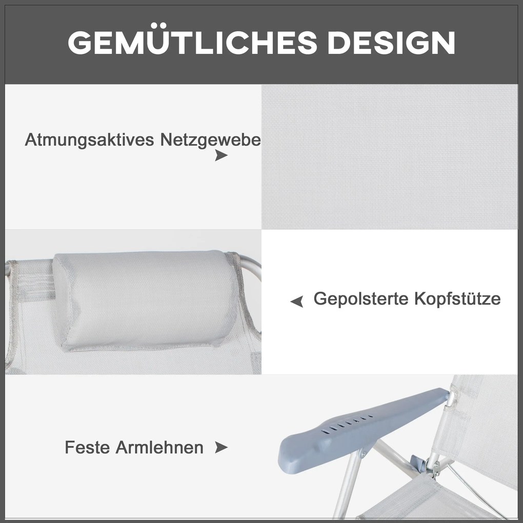sada 2 skládacích kempingových židlí Kempingová židle s opěradlem ze síťoviny nastavitelným v 6 směrech Opěrka hlavy 62 x 65 x 80 cm Světle šedá