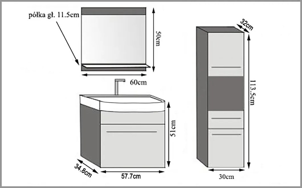 Koupelnový nábytek Belini bílý lesk / královský eben + umyvadlo + zrcadlo  ROD PM 3/0/W/WHK/0/ZW