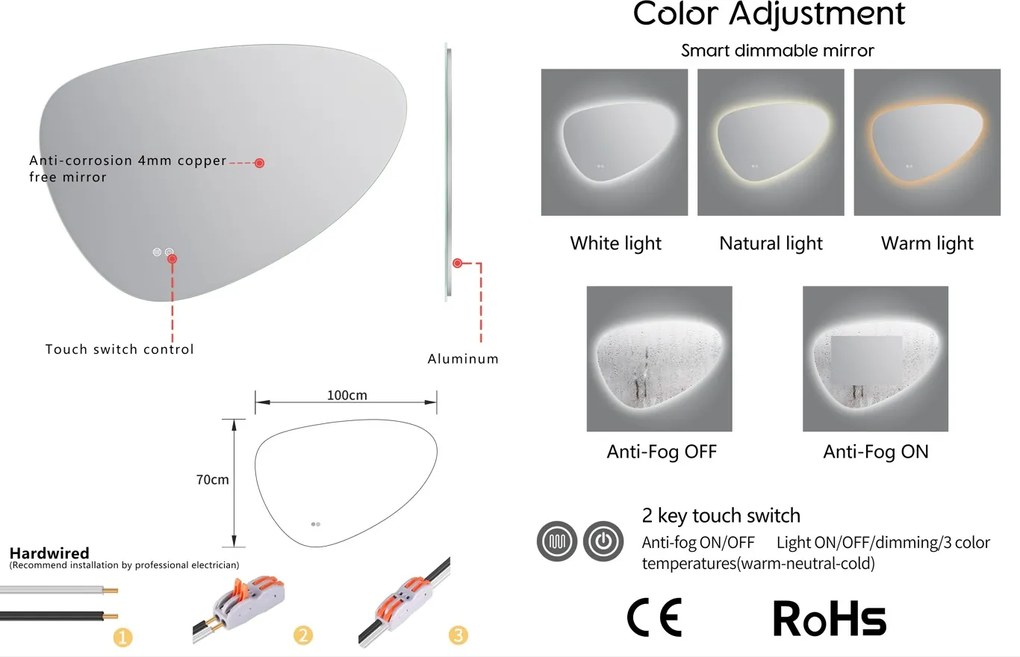 Erga Amelia, asymetrické LED zrcadlo 100x70 cm, 3 barvy světla, zadní osvětlení, ERG-V01-407-1070-00