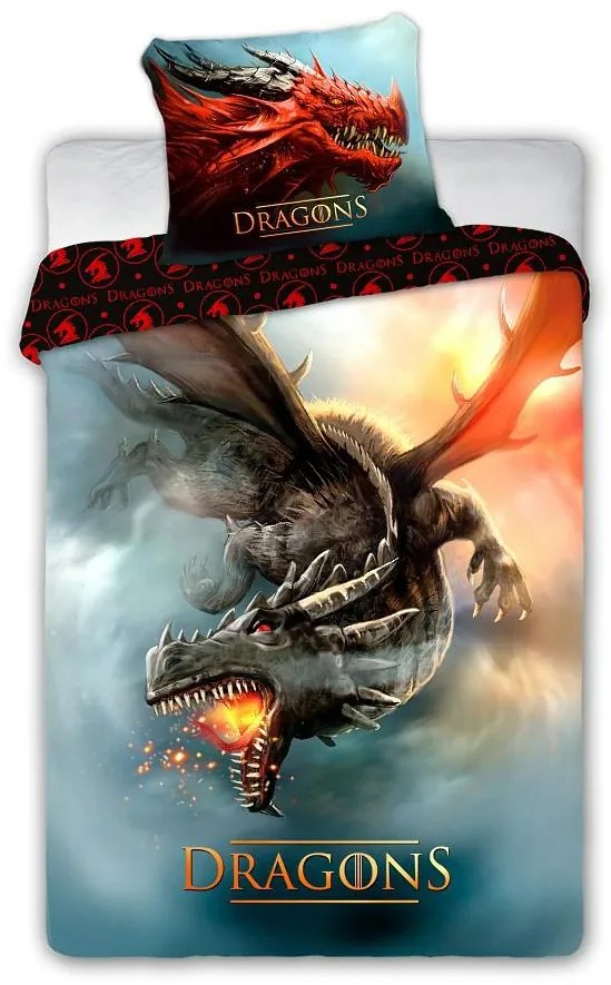 Faro Bavlněné povlečení 140x200 Dragons 028 Létající drak černá modrá povlak na polštář 70x90