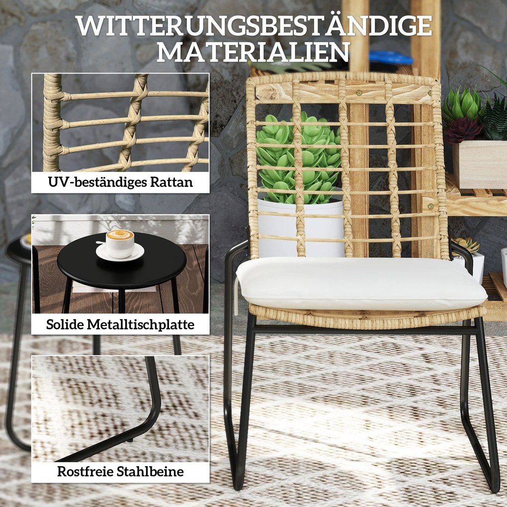 Outsunny 3dílná sada zahradního nábytku, 2 ratanové židle, 1 stůl s kovovou deskou, polštáře na sezení, bistro set, béžová a hnědá barva
