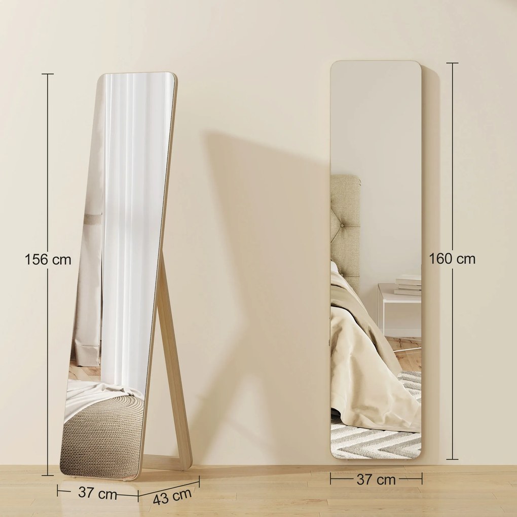 HOMCOM stojací a nástěnné zrcadlo obdélníkové, rozměry 37D x 43Š x 156V cm, přírodní dřevo