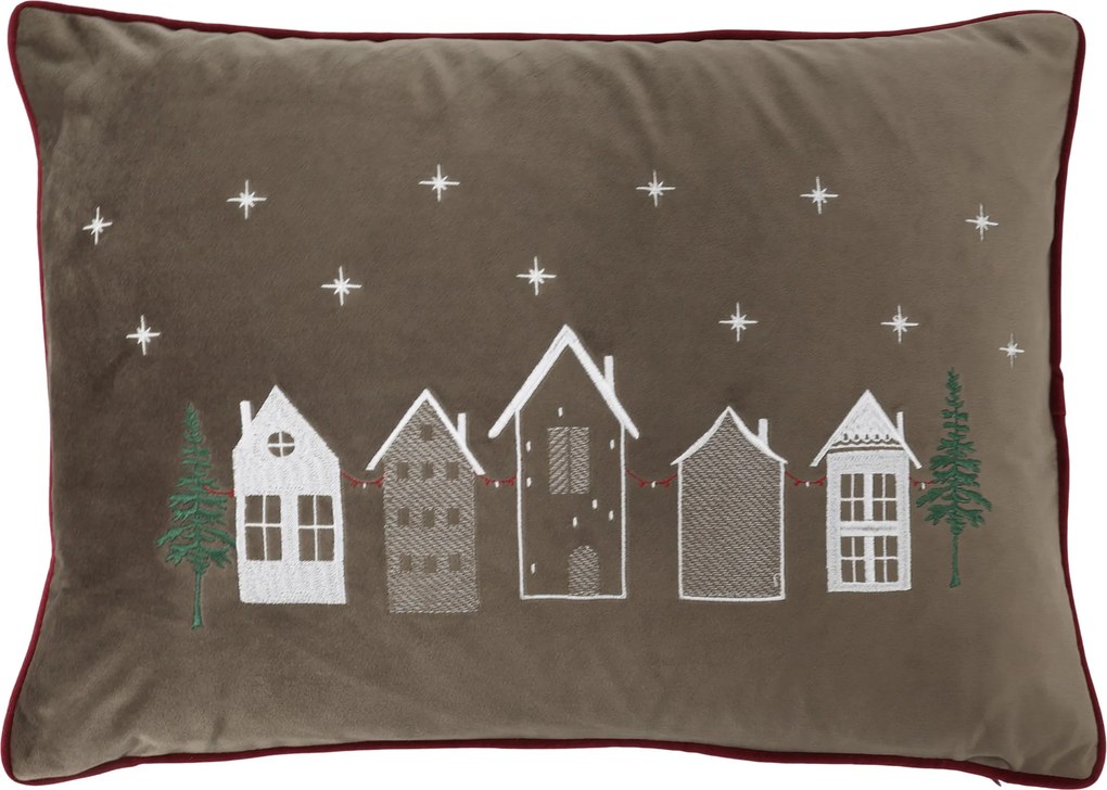 Mocca sametový povlak na polštář Aix s výšivkou domečků – 50*35 cm