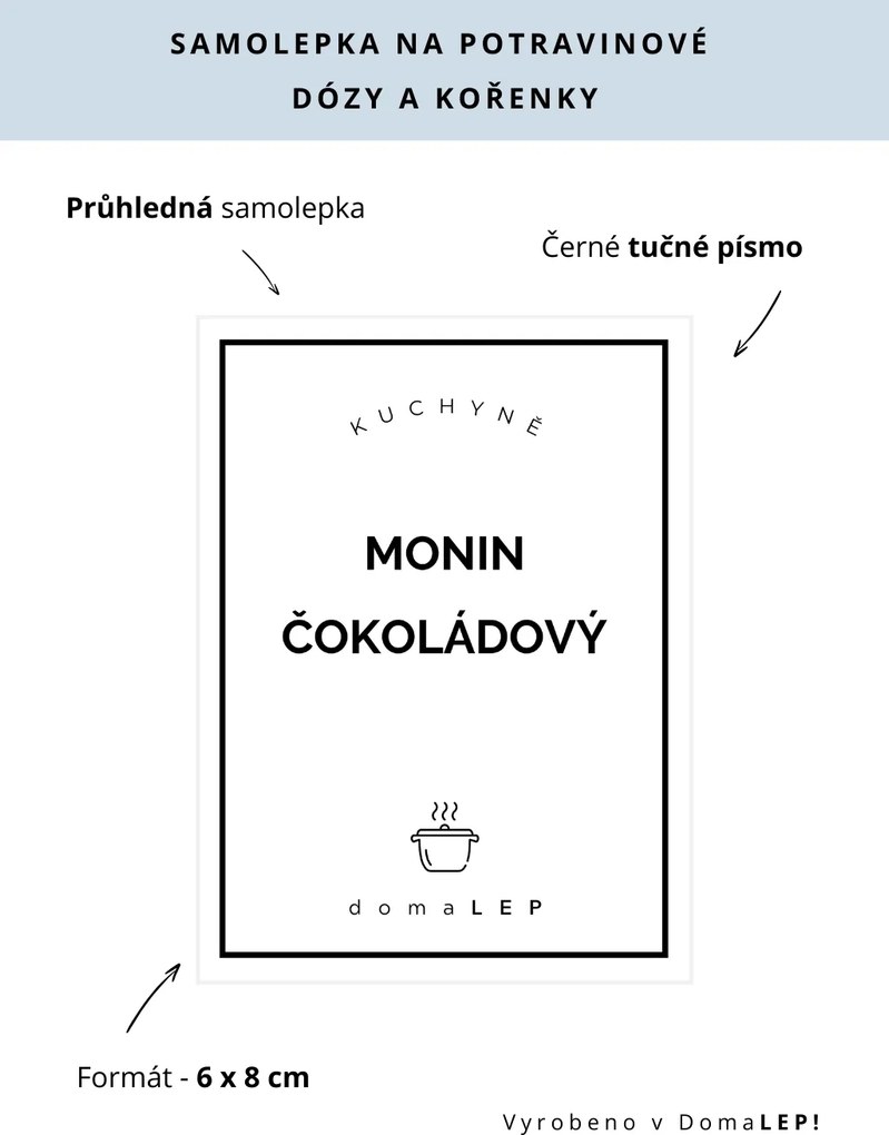 Samolepka na láhev MONIN ČOKOLÁDOVÝ 6 x 8 cm – průhledná vinylová, voděodolná, omyvatelná samolepka na dózy, tučné písmo