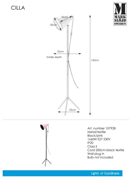 Markslöjd 107928 - Stojací lampa CILLA 1xE27/60W/230V