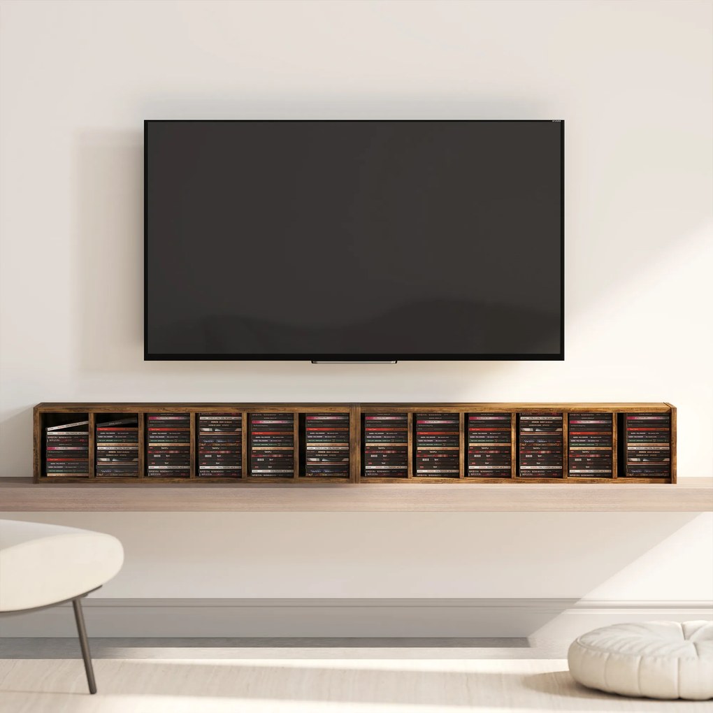 HOMCOM 2ks sada CD a DVD regálů s 12 přihrádkami, nastavitelnými policemi, 21x22,5x88,5 cm, rustikální hnědá