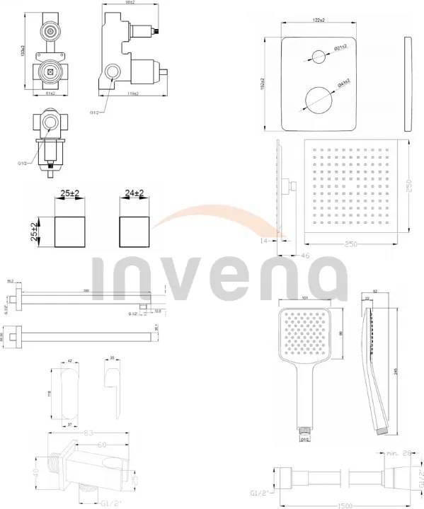 Invena Siros, podomítková sprchová sada s dešťovou hlavovou sprchovou 25x25 cm a ruční hlavicí, černá matná, INV-BS-90-011-A