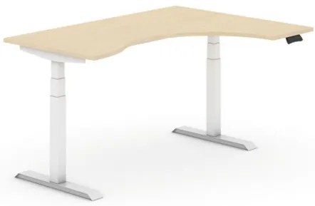 Výškově nastavitelný stůl, elektrický, 625-1275 mm, ergonomický pravý, deska 1600x1200 mm, bříza, bílá podnož