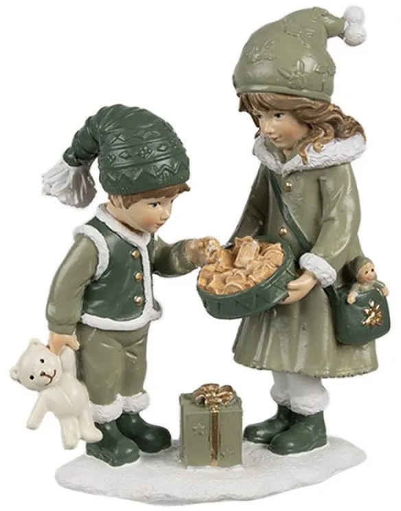 Dekorativní figurka děti v zeleném kabátku s tácem sušenek – 10x5x13 cm