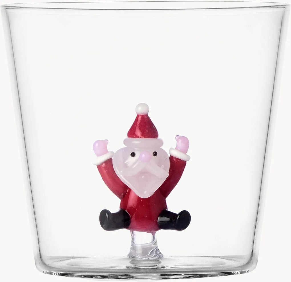 Ručně vyrobený skleněný pohárek z borosilikátového skla's figurkou skákajícího Santa Clause Christmas Tales