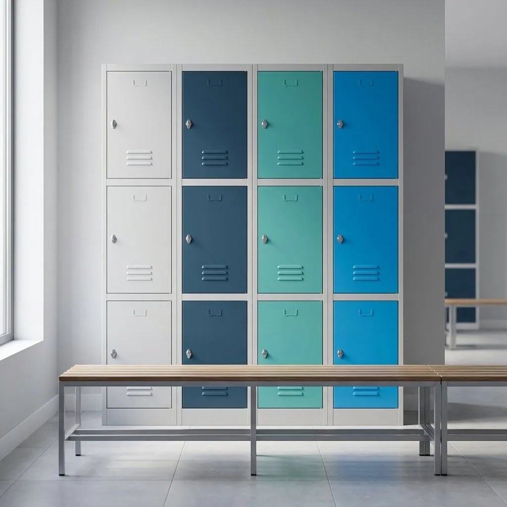 Kovová šatní skříňka - 3 boxy, 38 x 45 x 185 cm, otočný zámek, šedá - ral 7035