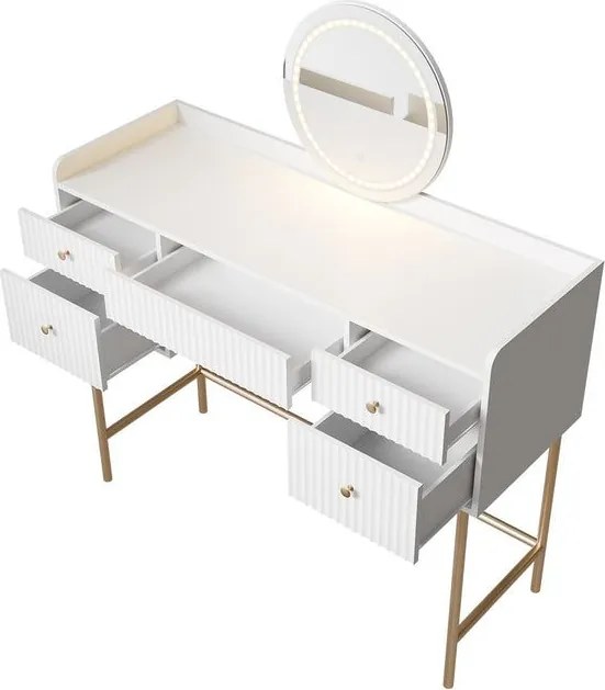 Toaletní stolek s LED zrcadlem, 5 zásuvek, bílý/zlatý