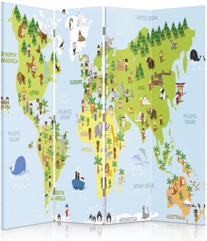 Paraván - World Map For Children | čtyřdílný | jednostranný 145x150 cm