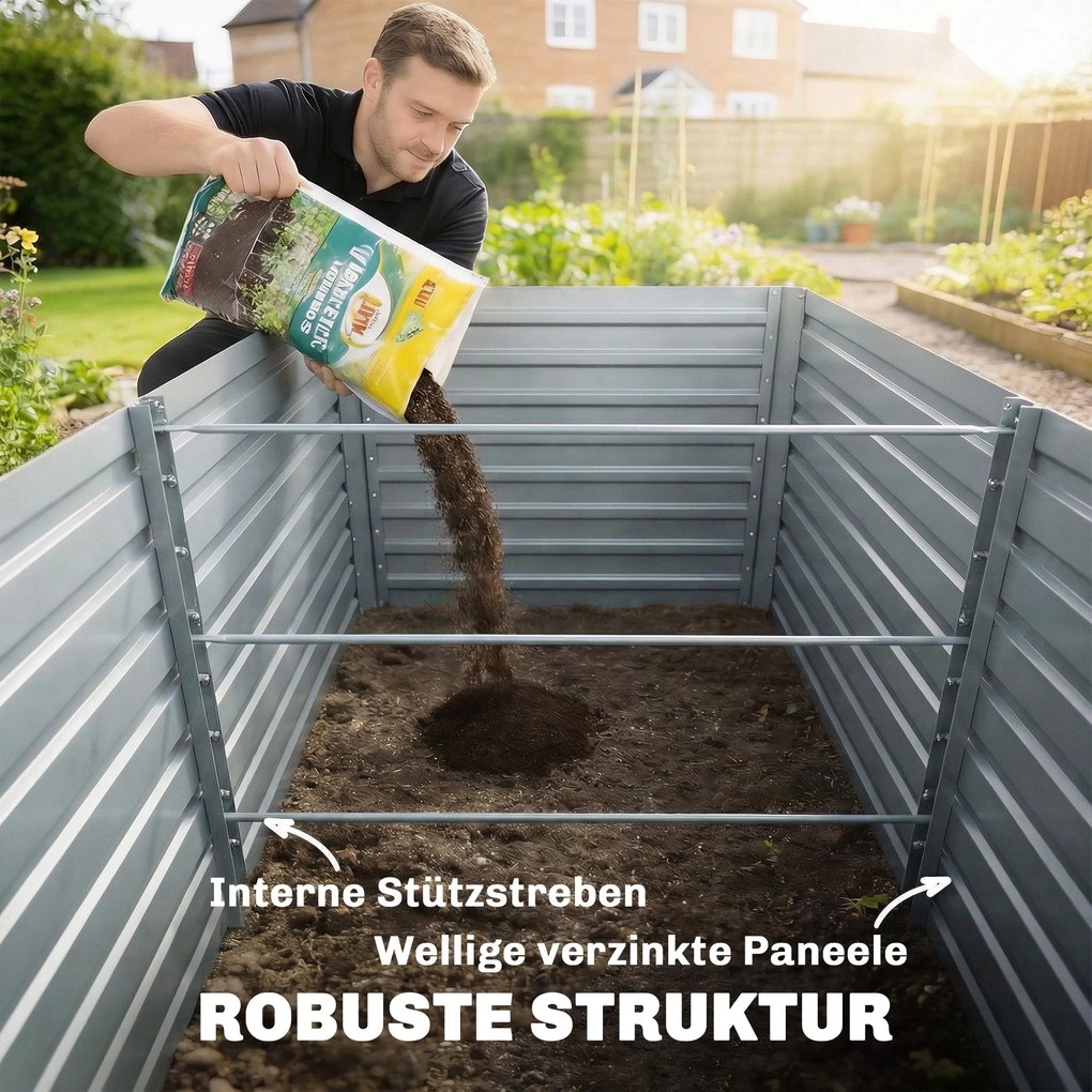 Outsunny 2× pozinkované vyvýšené záhony 180 × 90 × 60 cm — hluboké obdélníkové truhlíky s podpěrami, otevřeným dnem, včetně rukavic, pro zeleninu, ov…