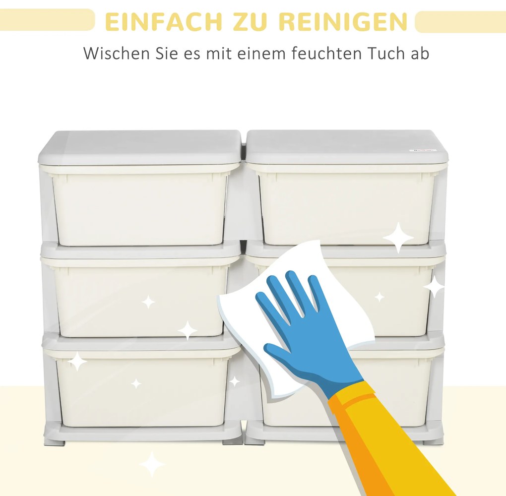 HOMCOM Plastový úložný box, 6 zásuvek, organizér na hračky, malá zásuvková skříňka pro děti, krémově bílá