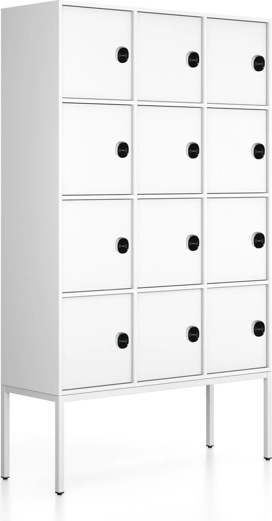 Kancelářská skříň FRAME, bílá podnož, 12x dveře, 1299 x 450 x 2185 mm, RFID zámek, bílá