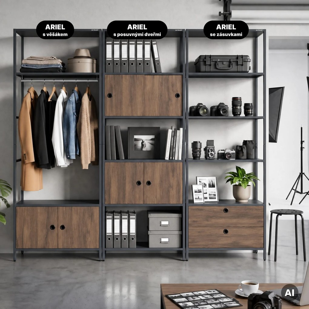 Regál se zásuvkami do kanceláře, na šanony a dokumenty, otevřené police, kovový, antracitový/ořech, 800x2200x400 mm: ARIEL Eco Design