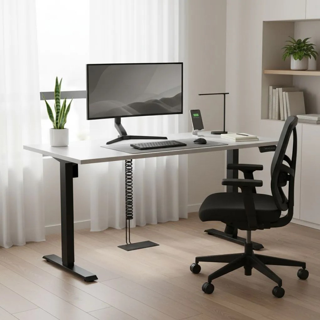 Výškově nastavitelný stůl OfficeTech B, 160 x 80 cm, černá podnož, světle šedá