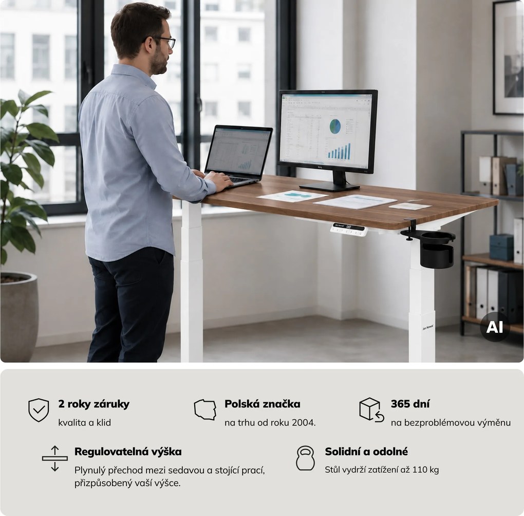 Elektrický stůl s nastavitelnou výškou ergonomický bílý/ořech,1400x700 mm: ARIA
