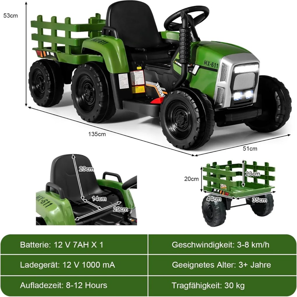 Costway 12 V dětský traktor s odnímatelným přívěsem a dálkovým – tmavě zelená