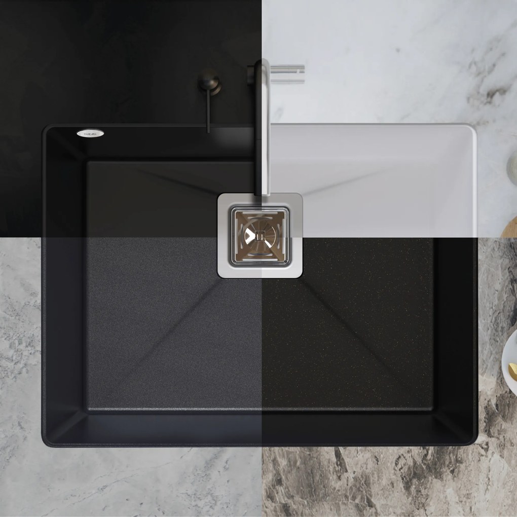 Sink Quality Argon 60, kuchyňský granitový dřez 550x420x225 mm + chromový sifon, bílá, SKQ-ARG.W.1KBO.60.X