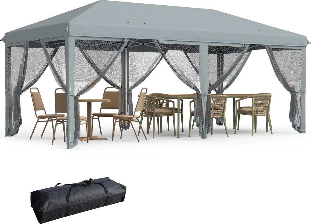 Outsunny Skládací Gazebo 6x3 m s 6 Anti-UV Moskytiérovými Stěnami a Pouzdrem pro Kempování Šedá | Aosom