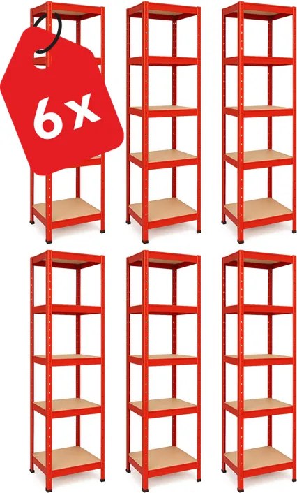 Regál 180x40x40 cm lakovaný 5-policový, nosnost 875 kg - červený - 6ks