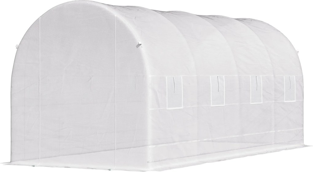 Zahradní tunelová skleník Outsunny s 8 okny a rolovacími dveřmi, kovový rám a polyethylenový kryt, 5x2x2m, bílý
