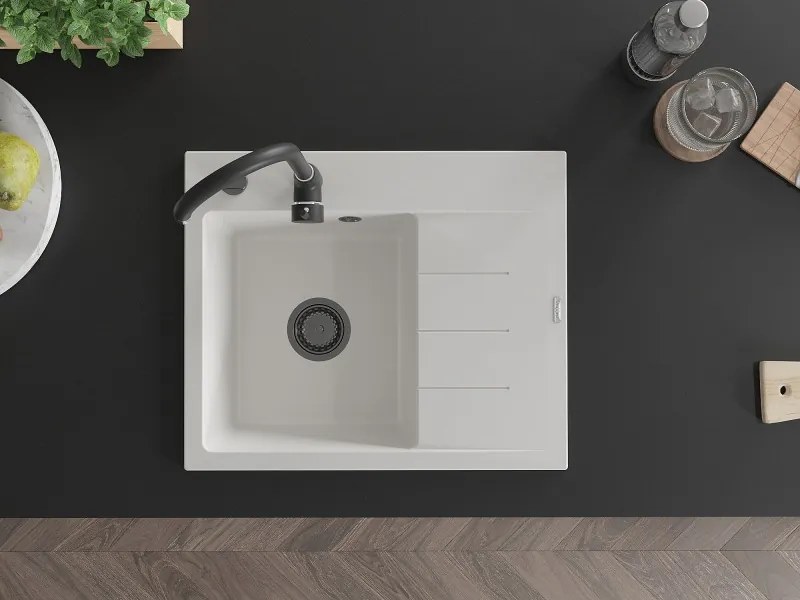 Mexen Ben, 1-komorový granitový dřez 600x500x190 mm, levý + černý sifon, bílá, 6522605000-20-B