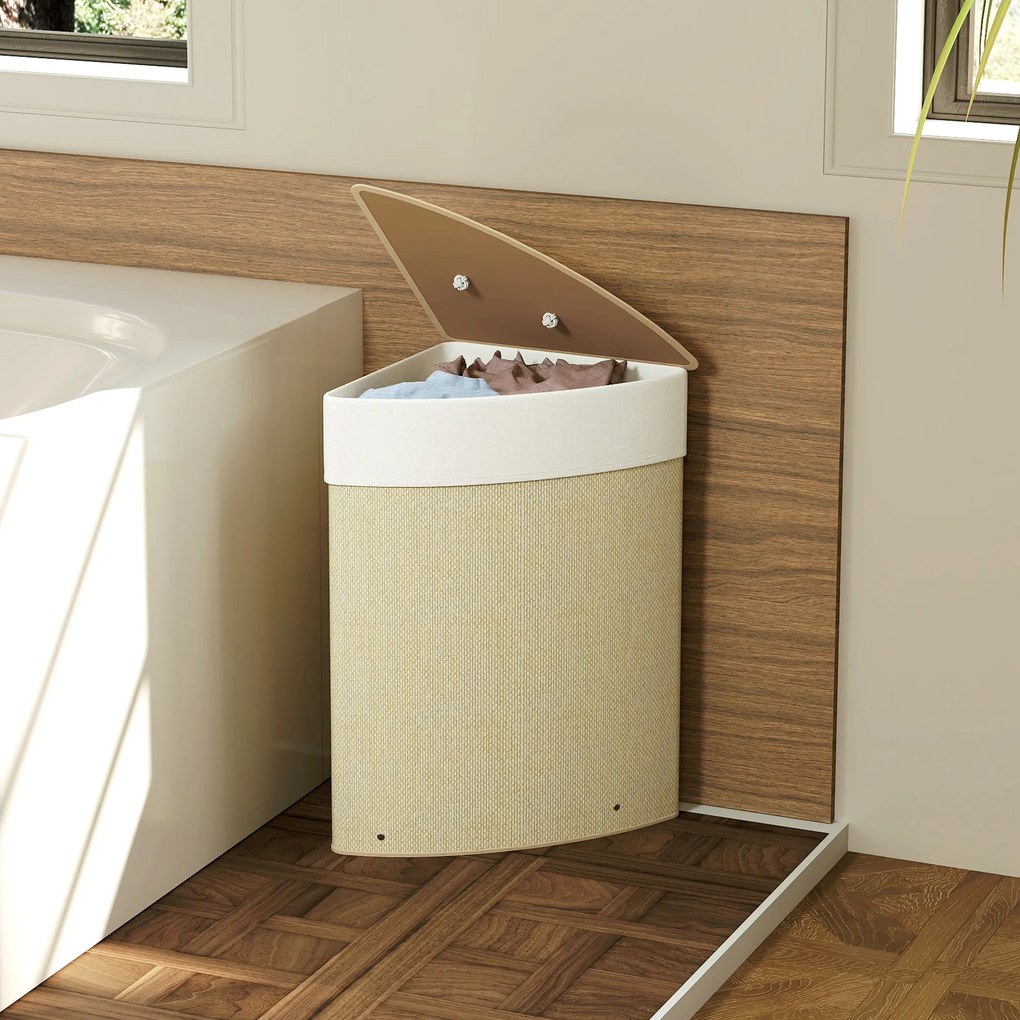 Koš na prádlo HOMCOM z bambusu, 55 l – trojúhelníkový rohový design s odnímatelnou pratelnou vložkou, víkem a madlem, 35 x 60 cm, přírodní