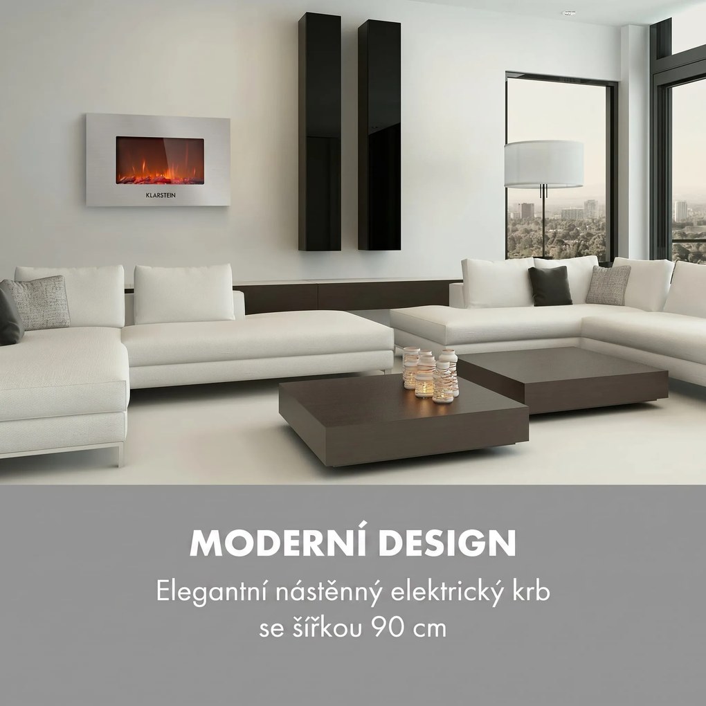 Klarstein Lausanne Luxe, Elektrický krb, 2000 W, 2 úrovně výkonu, 90 cm, nerezová ocel