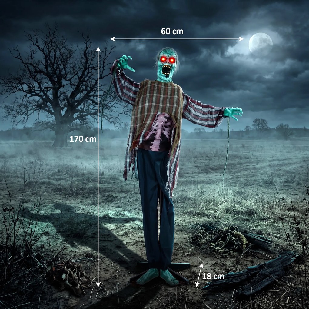 HOMCOM Animovaný Halloween zombie v životní velikosti, 170 cm, s aktivací zvukem a dotykem, hrůzostrašná dekorace