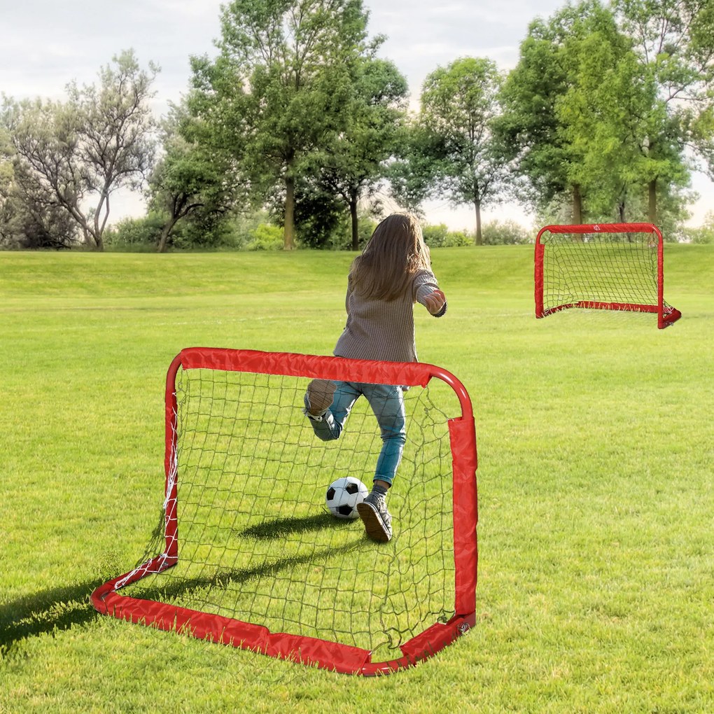 Fotbalové branky HOMCOM sada 2 skládacích mini branek z oceli Q195 a tetrolonu červená 90x36x60 cm na zahradu a hřiště | Aosom.de